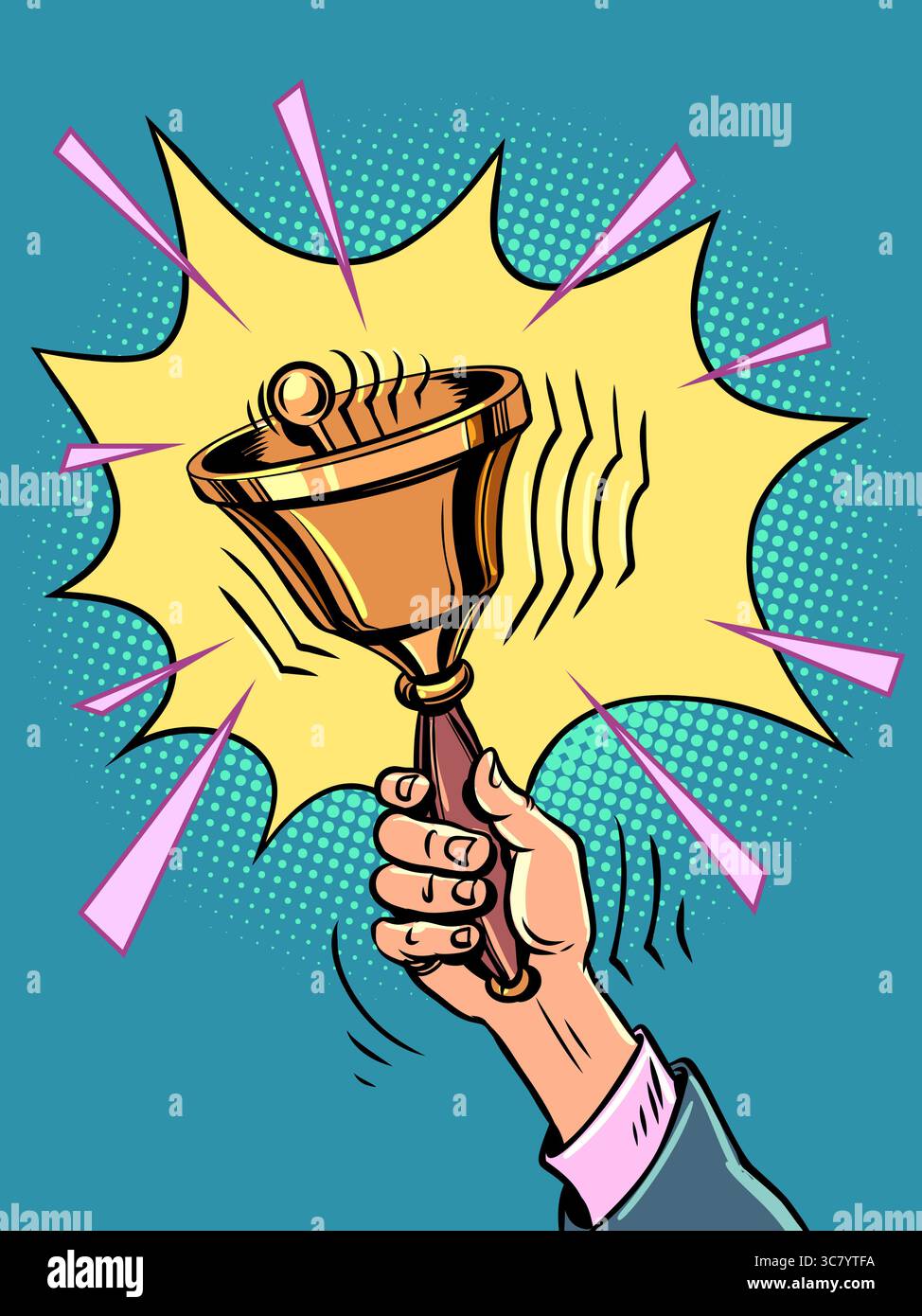 Hand rings the bell. New notifications and news. Announcement of ...