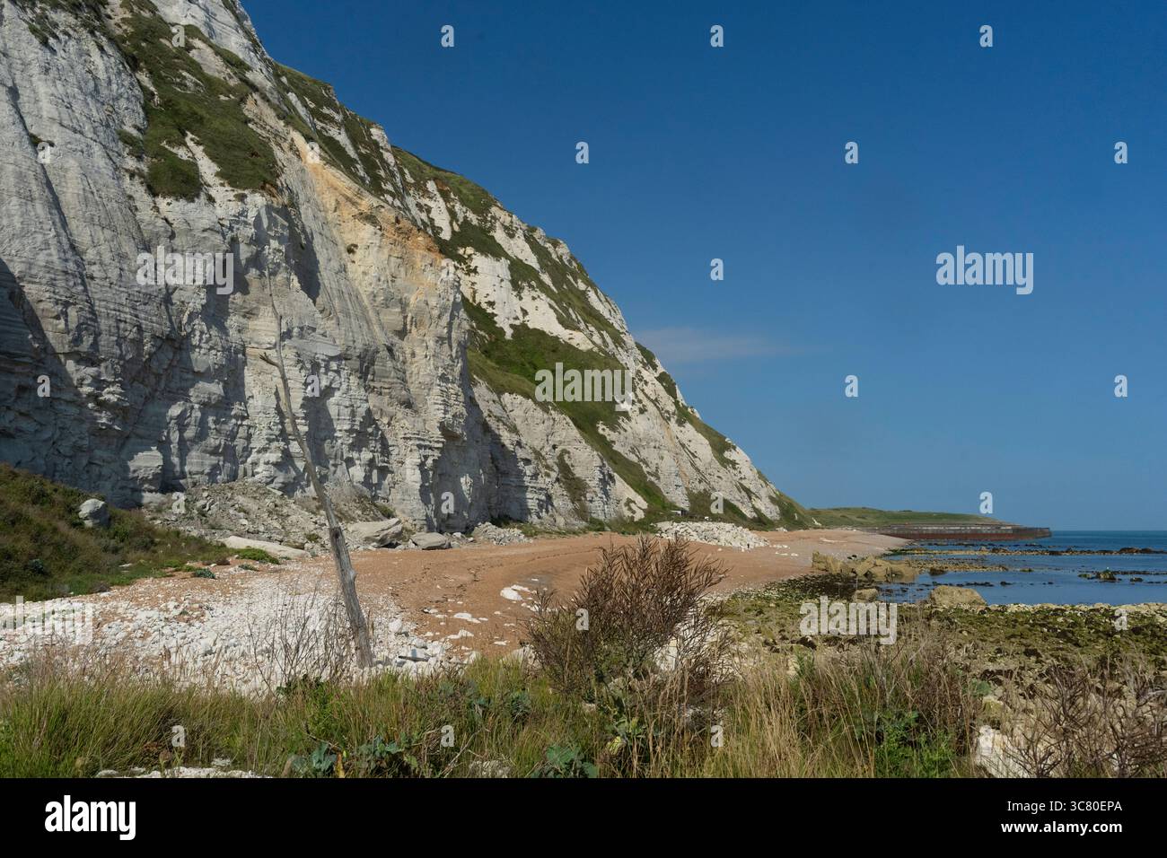 Coastal erosion shapes the iconic white cliffs at Samphire Hoe, Kent ...
