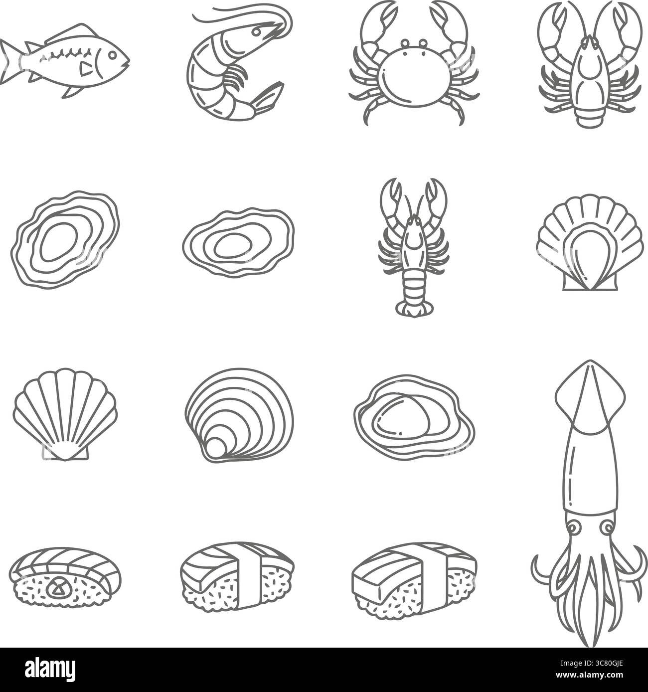 Seafood Icons Set Vector, Fish, Shrimp, Crab, Lobster, Shell, Squid ...