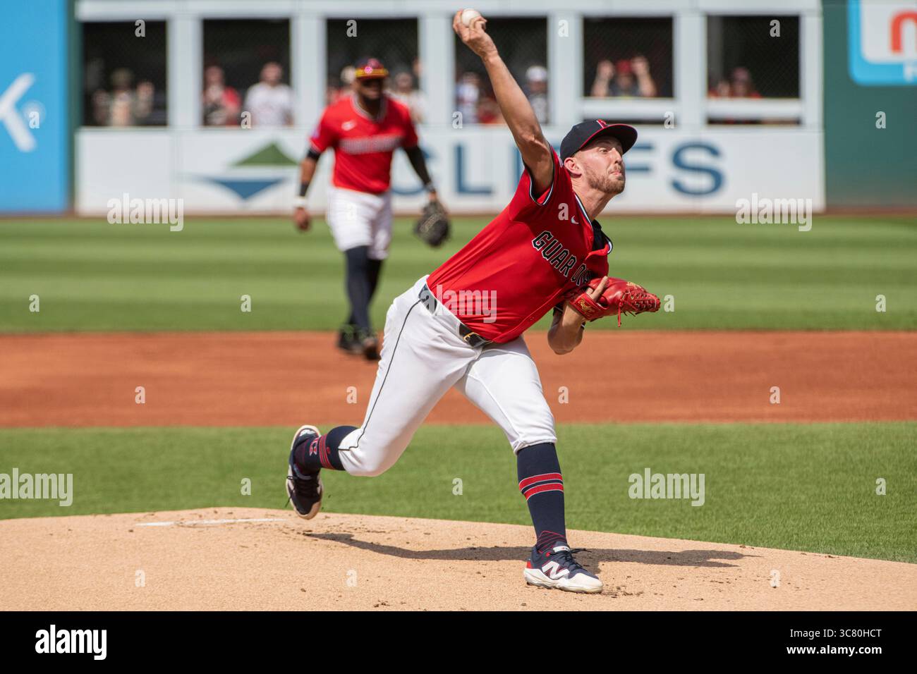 Cleveland Guardians starting pitcher Tanner Bibee delivers against the ...
