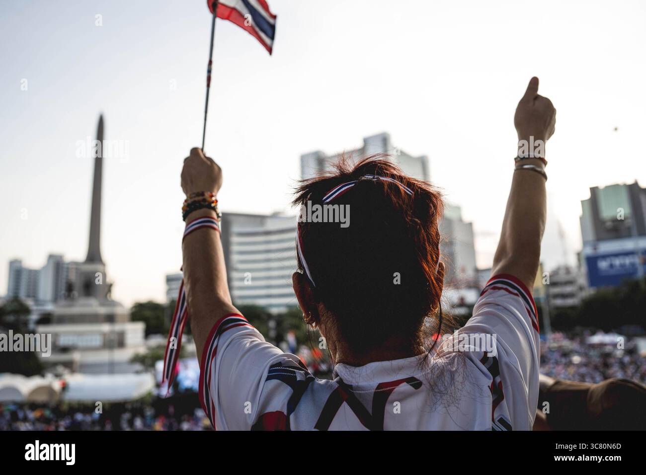 A protester raises both arms, one holding a Thai flag, the other giving ...