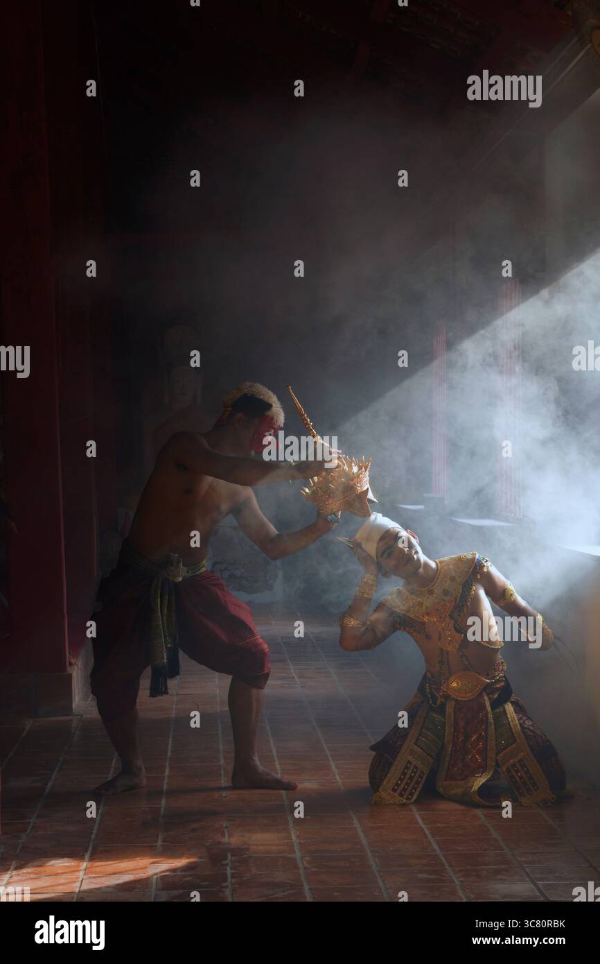 Two dancers performing a classical Thai masked Khon dance performance, Thailand Stock Photo - Alamy