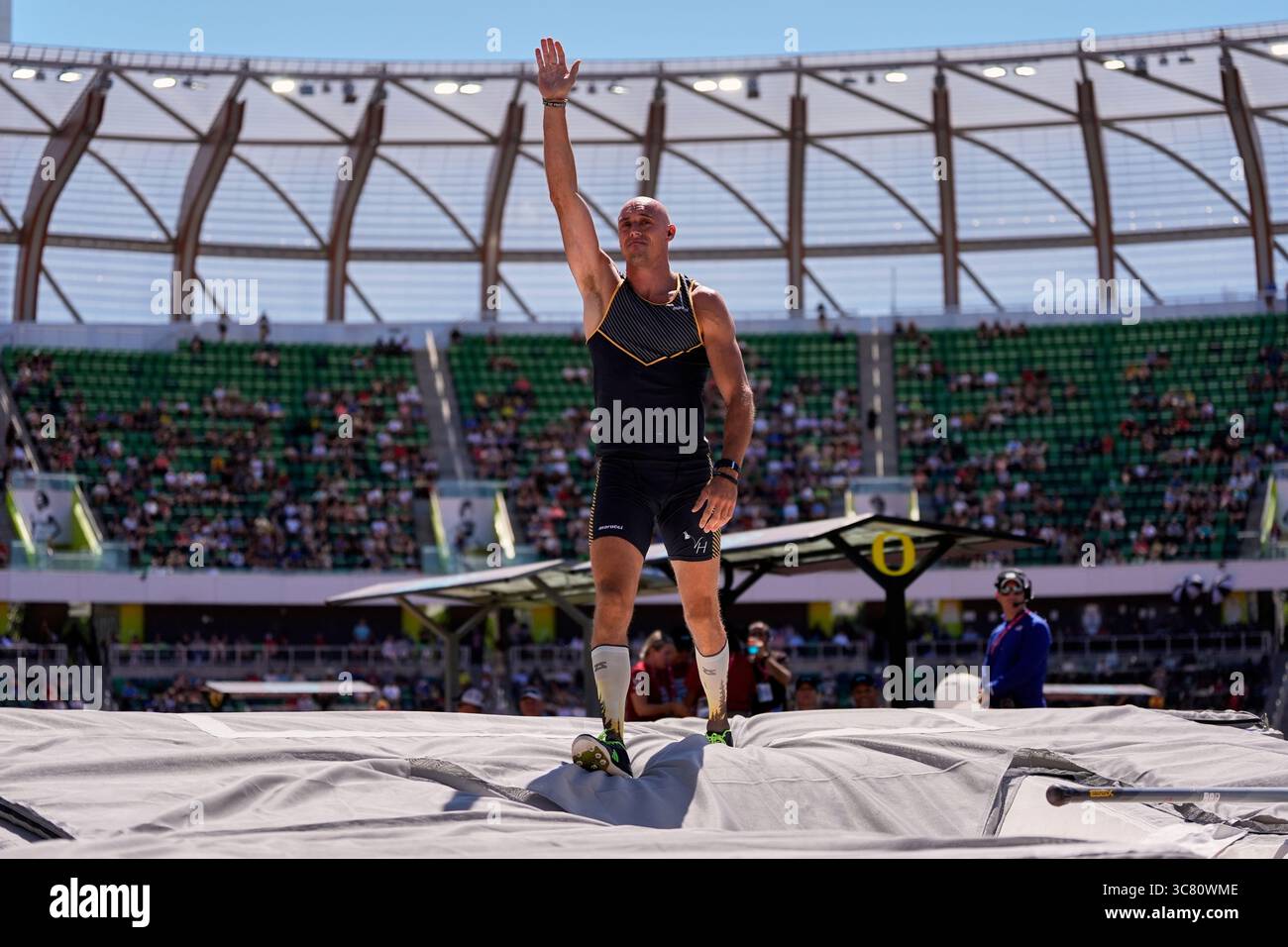 Austin Miller reacts after winning gold in the men's pole vault finals ...