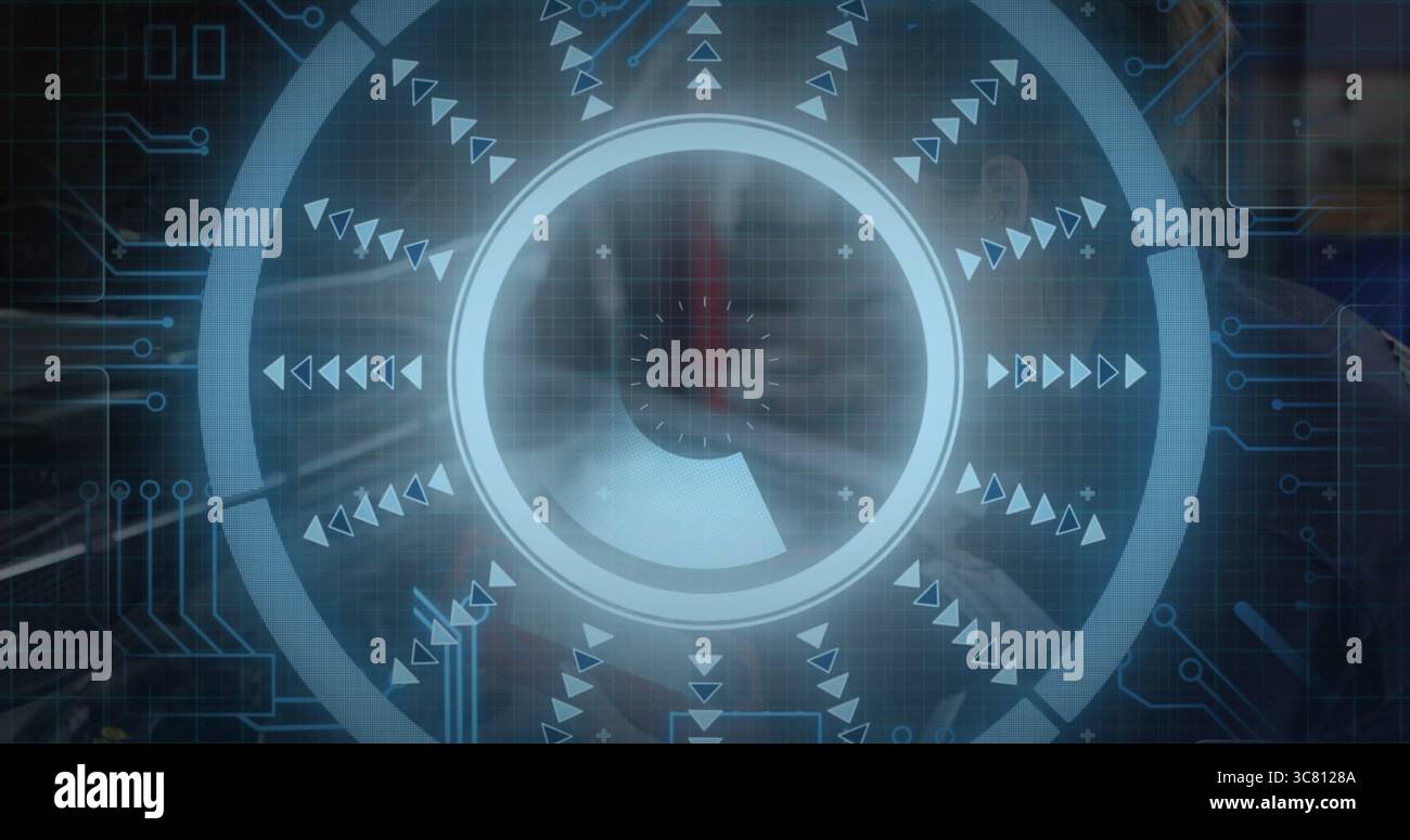 Displaying circular overlay radiating arrows and circuits in office ...