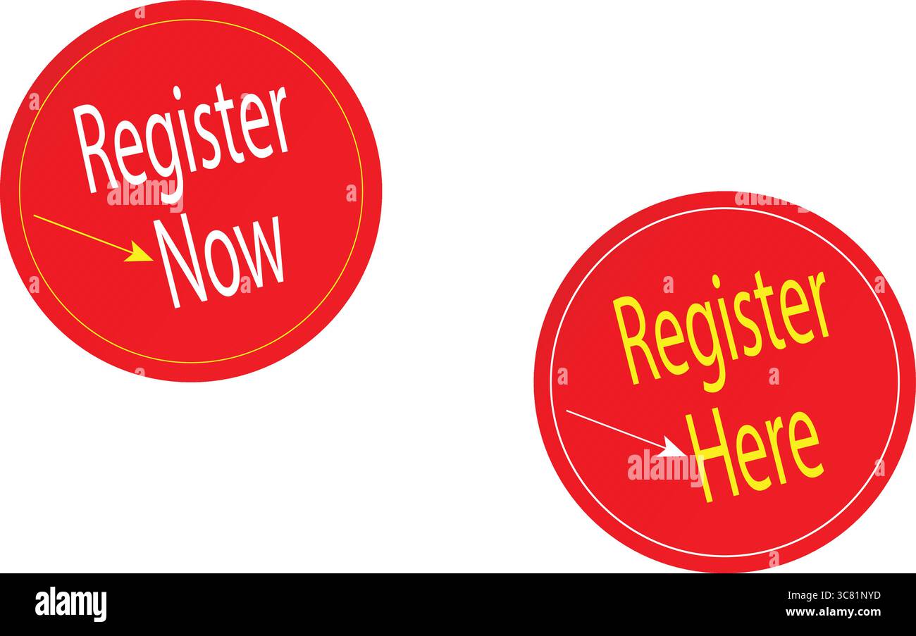 Register now button stickers or call-to-action badge vectors for interactive web ui and ads ...