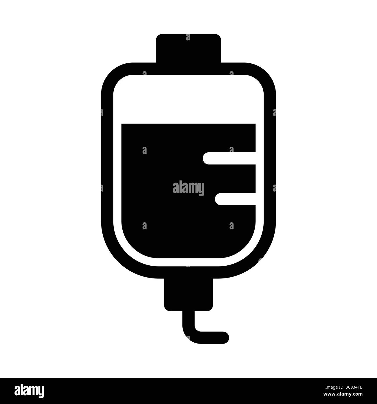 This simple black and white icon depicts an intravenous bag used for ...