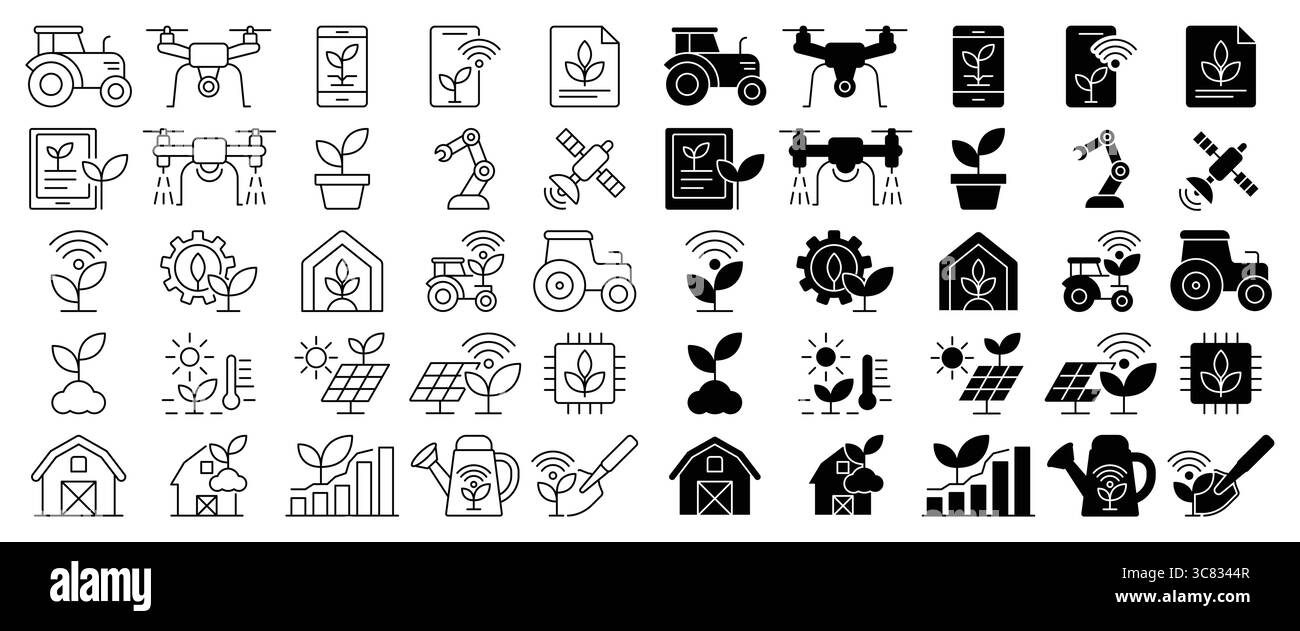 Collection of icons depicting agricultural technology including drones ...