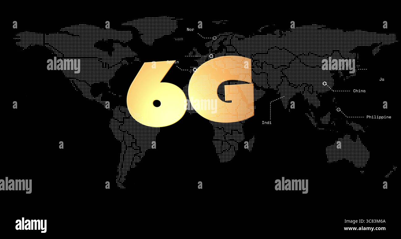 Displaying golden 6G label over dotted world map screen with circular markers, dashed lines ...