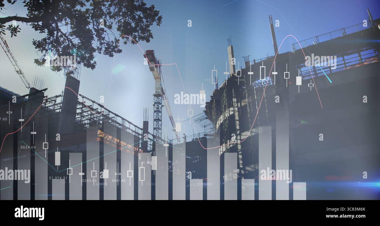 Showing candlestick, bar and line chart overlays on scaffolding, tower ...