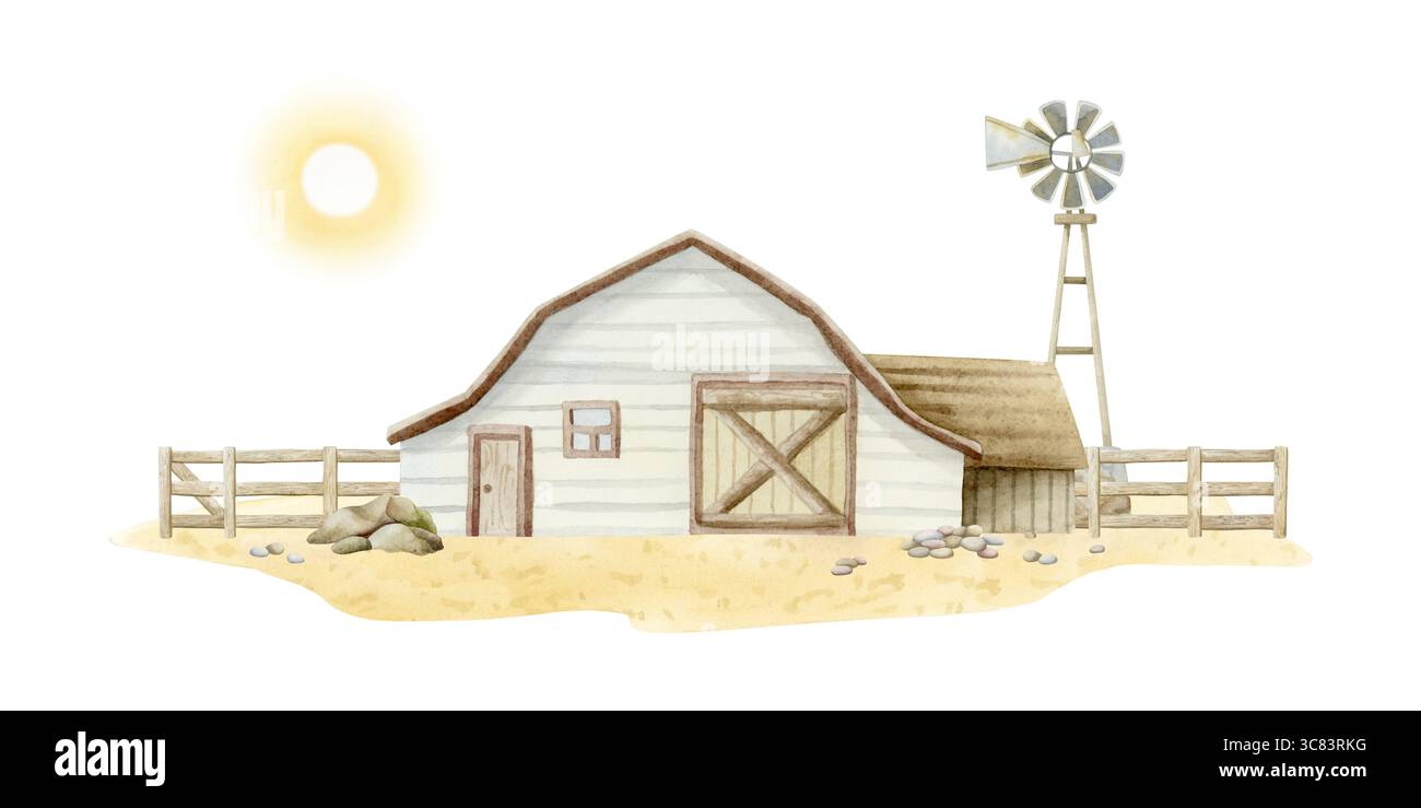 Fall farm barn landscape with windmill and wooden fence on sand ground ...