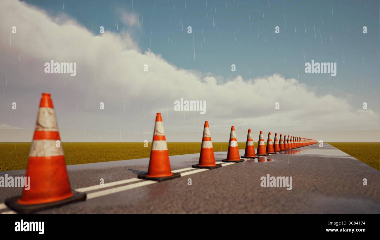 Traffic cones on road stormy weather landscape 3d render Stock Photo ...
