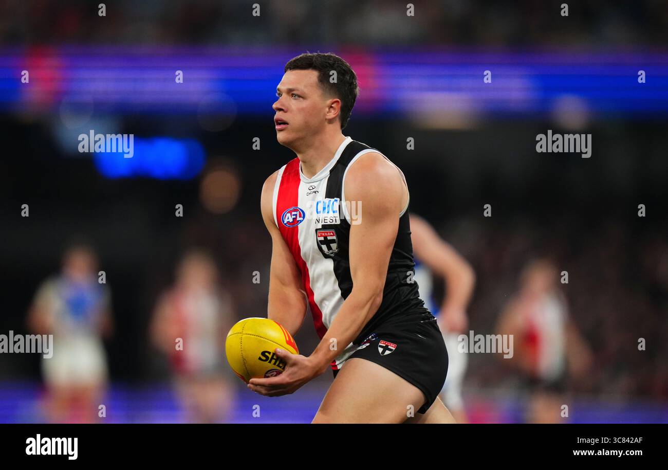 Marcus Windhager of the Saints runs with the ball during the Round 21 ...