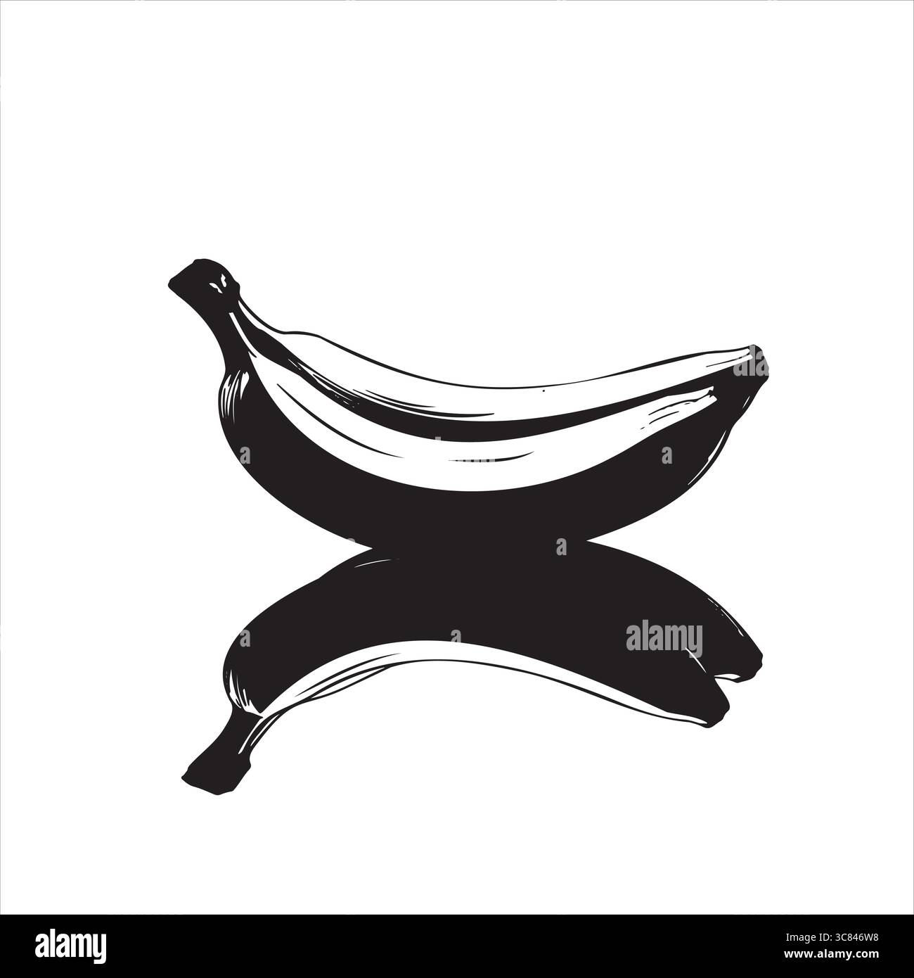 Minimalist Black and White Banana Illustration with Mirrored Reflection ...