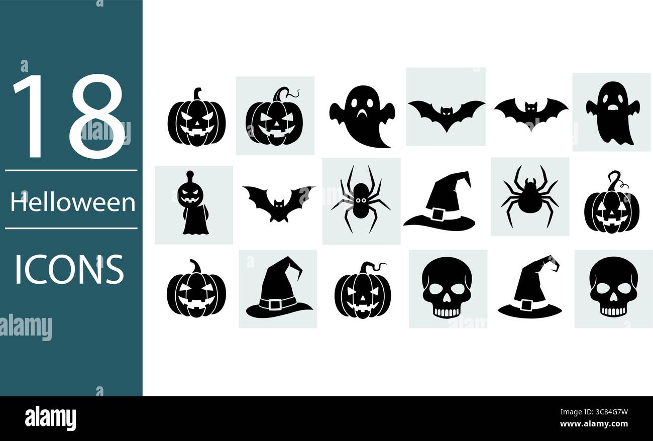 Spooky Halloween icons featuring pumpkins, ghosts, bats, spiders ...