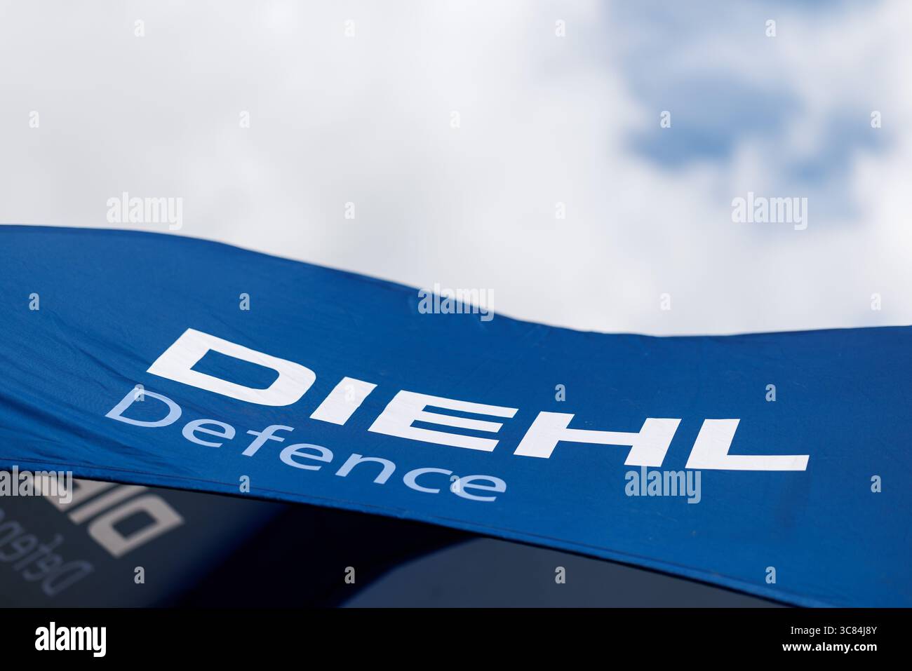 01 August 2025, Bavaria, Grafenwöhr: The lettering and logo of Diehl ...