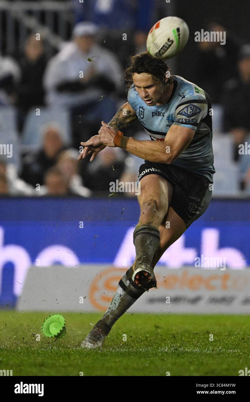 Nico Hynes kicks of the Sharksduring the NRL Round 22 match between the ...