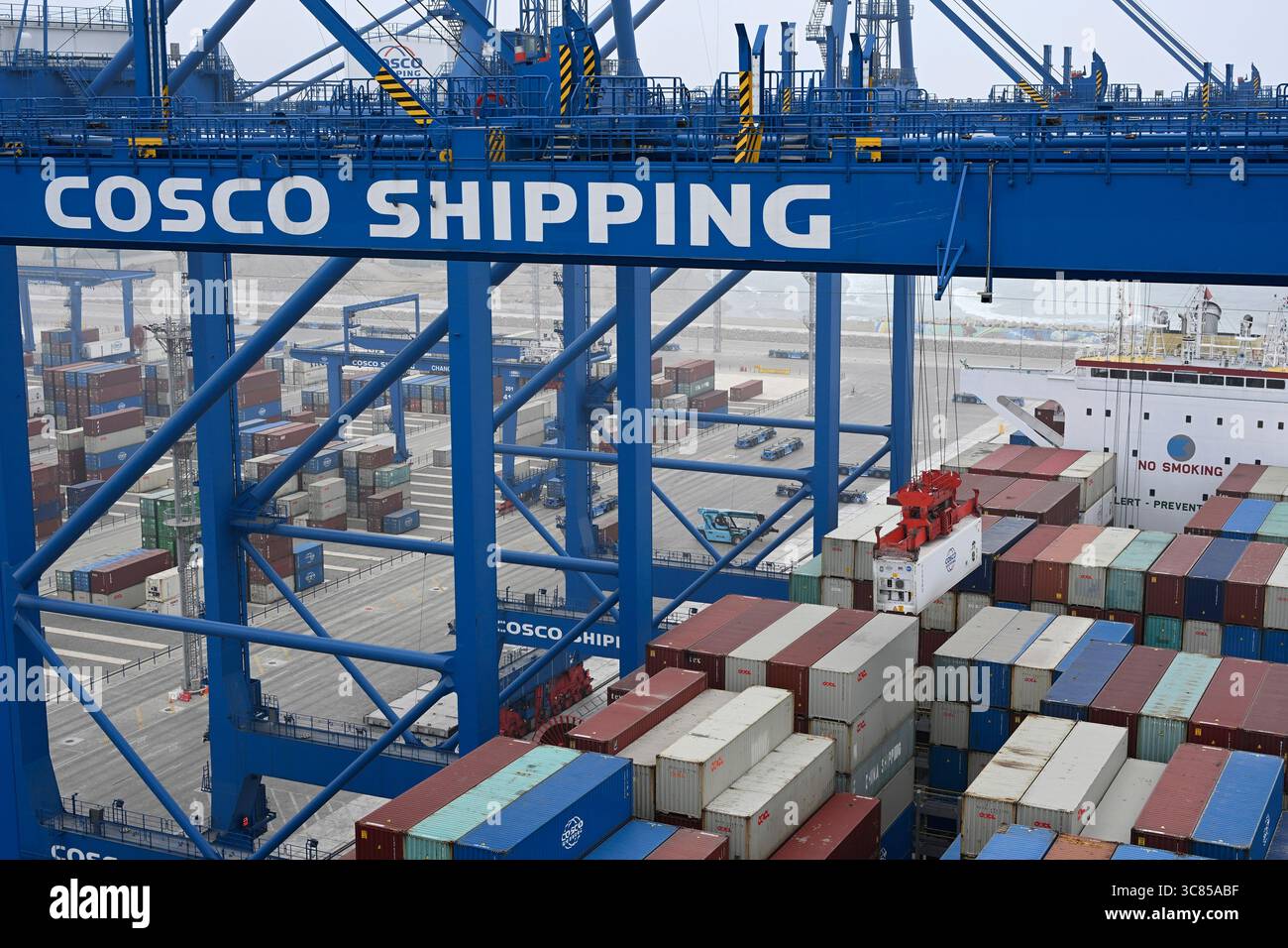 Lima, Chancay Port in Chancay. 3rd Aug, 2025. A drone photo taken on ...