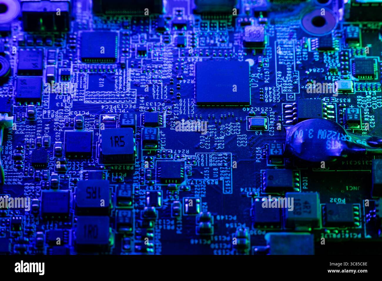 Macro View of Laptop Internal Components and PCB with Green and Blue ...