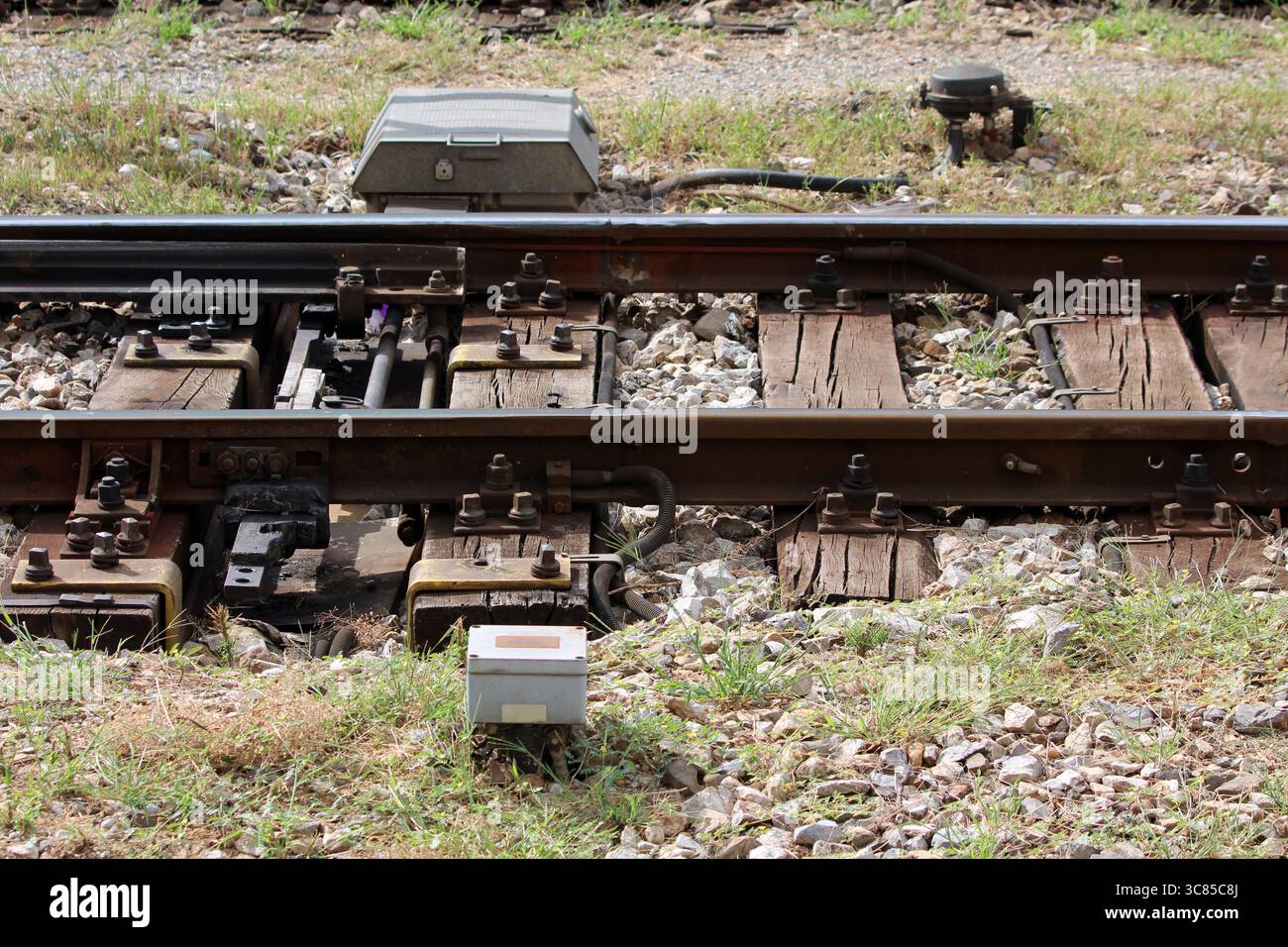 Detailed view of a railway turnout shows mechanical switching ...