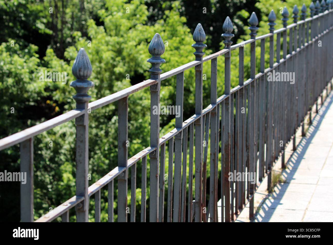 A linear decorative wrought iron fence features vertical bars and spear ...