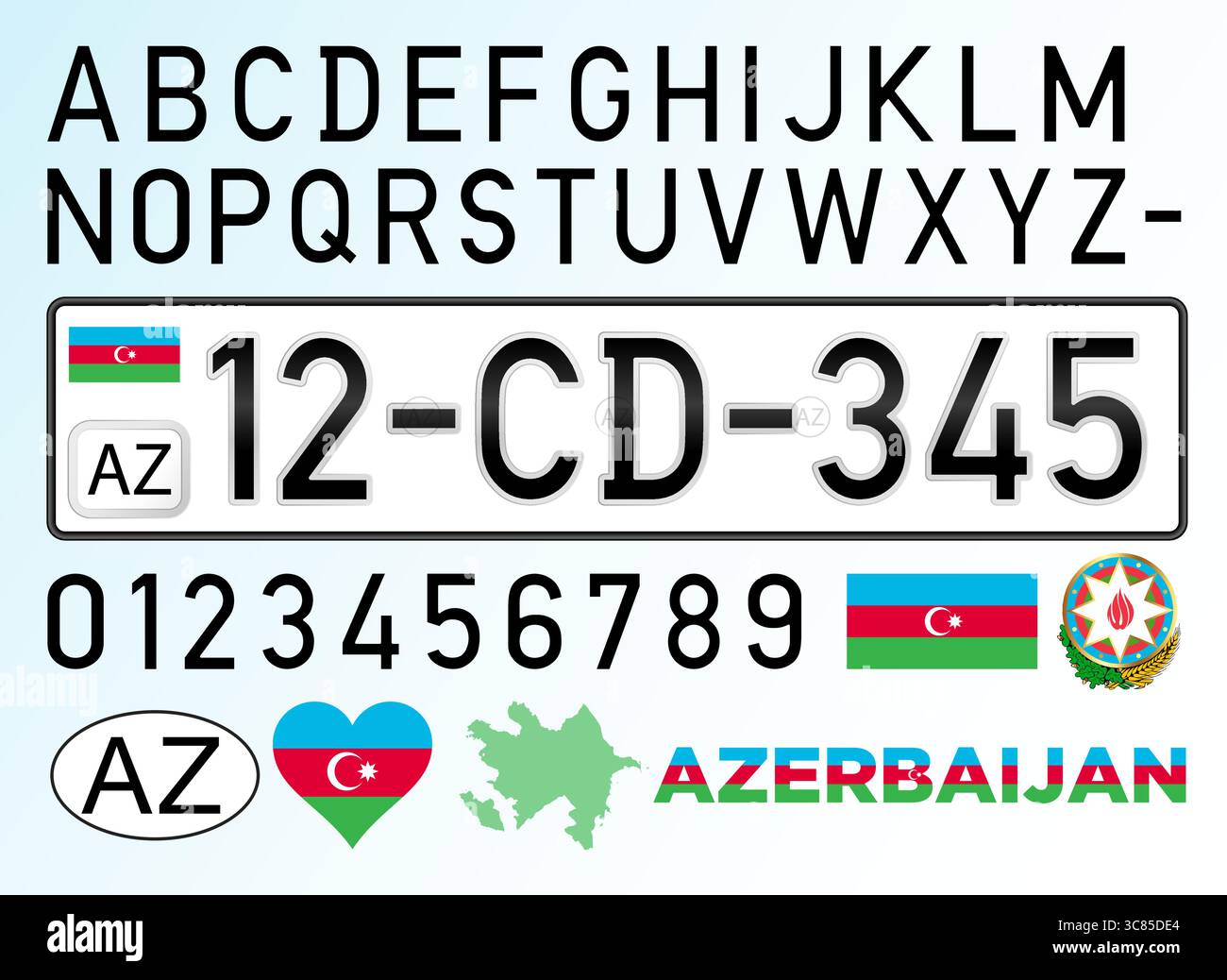 Republic of Azerbaijan car license plate, letters, numbers and symbols ...