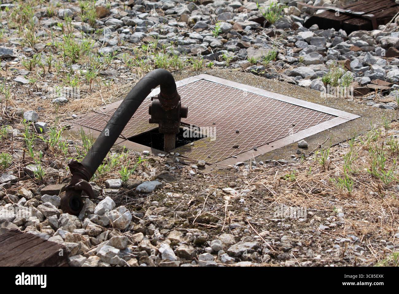A metal water column fixture with a flexible pipe emerges from a ground ...