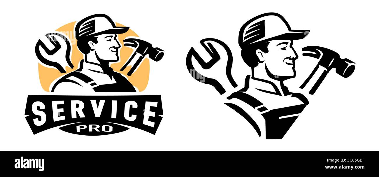Service work, repair emblem or symbol. Construction worker with tools ...