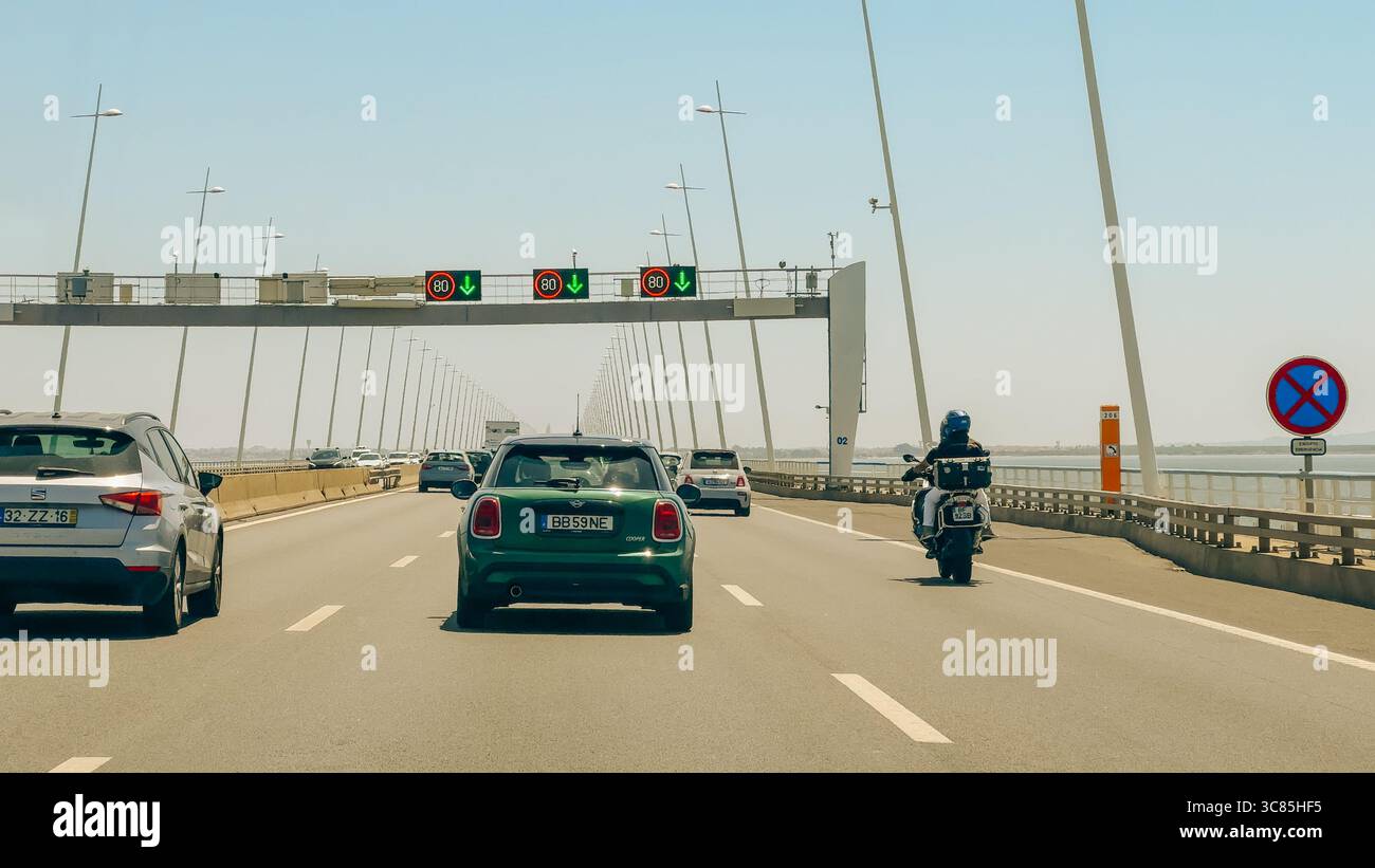Lisbon, Portugal, August 3, 2024. Traffic flows smoothly under speed ...