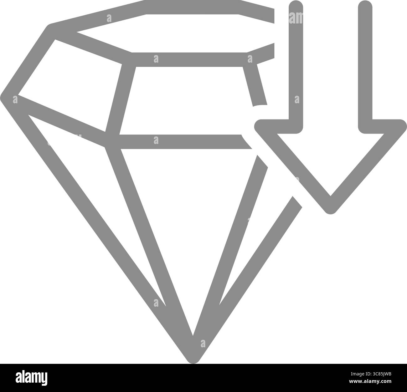 Diamond and arrow pointing down line icon. Indicates price drop ...