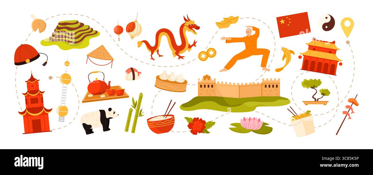 Travel to China, oriental culture elements set, food and landmark on ...