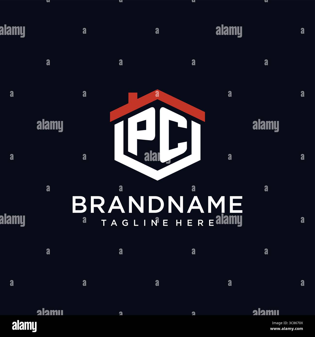 Initial letter PC logo with home roof hexagon shape design ideas vector ...