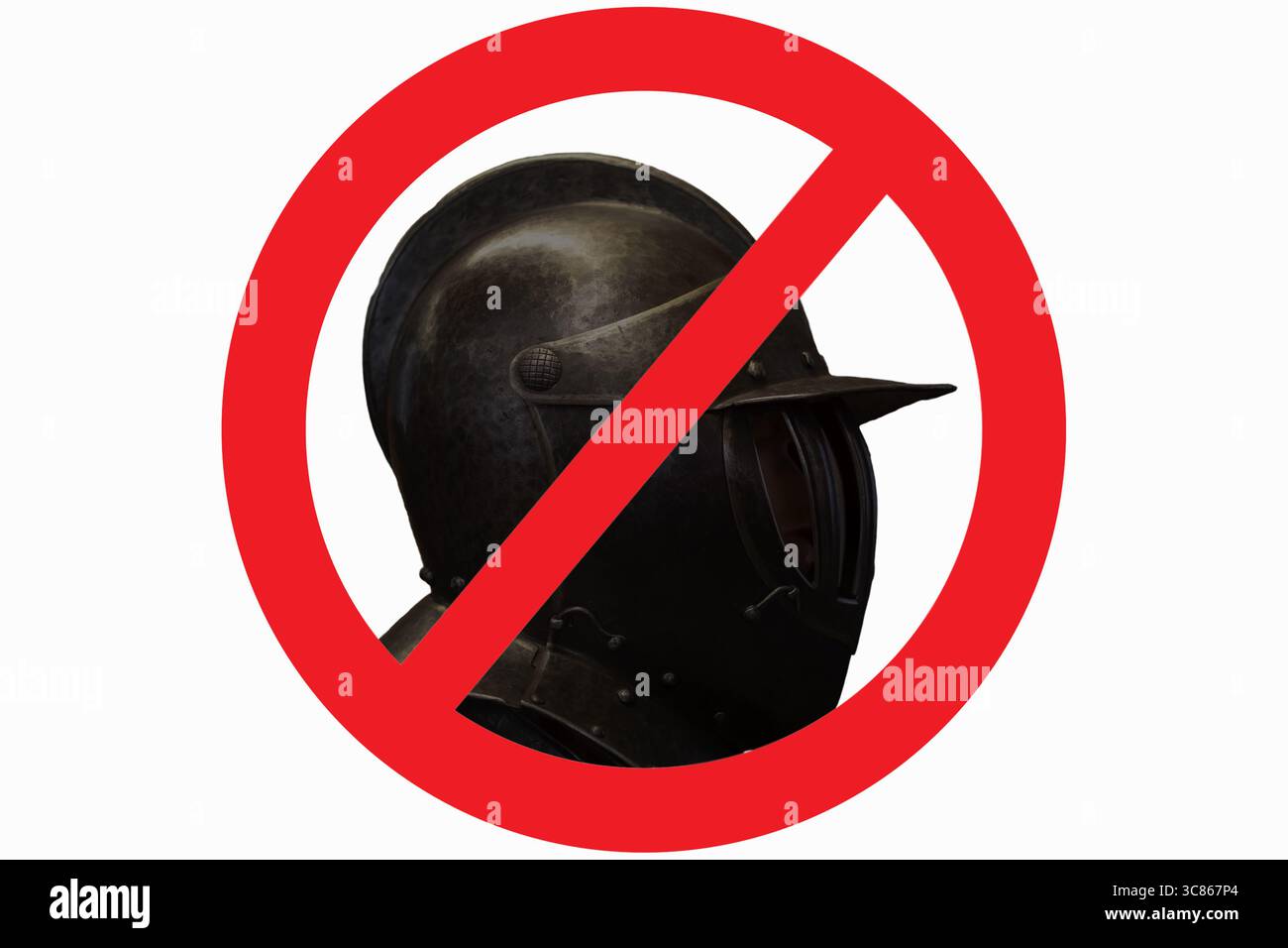 A knight wearing a helmet under a forbidding sign. A symbol of a ...