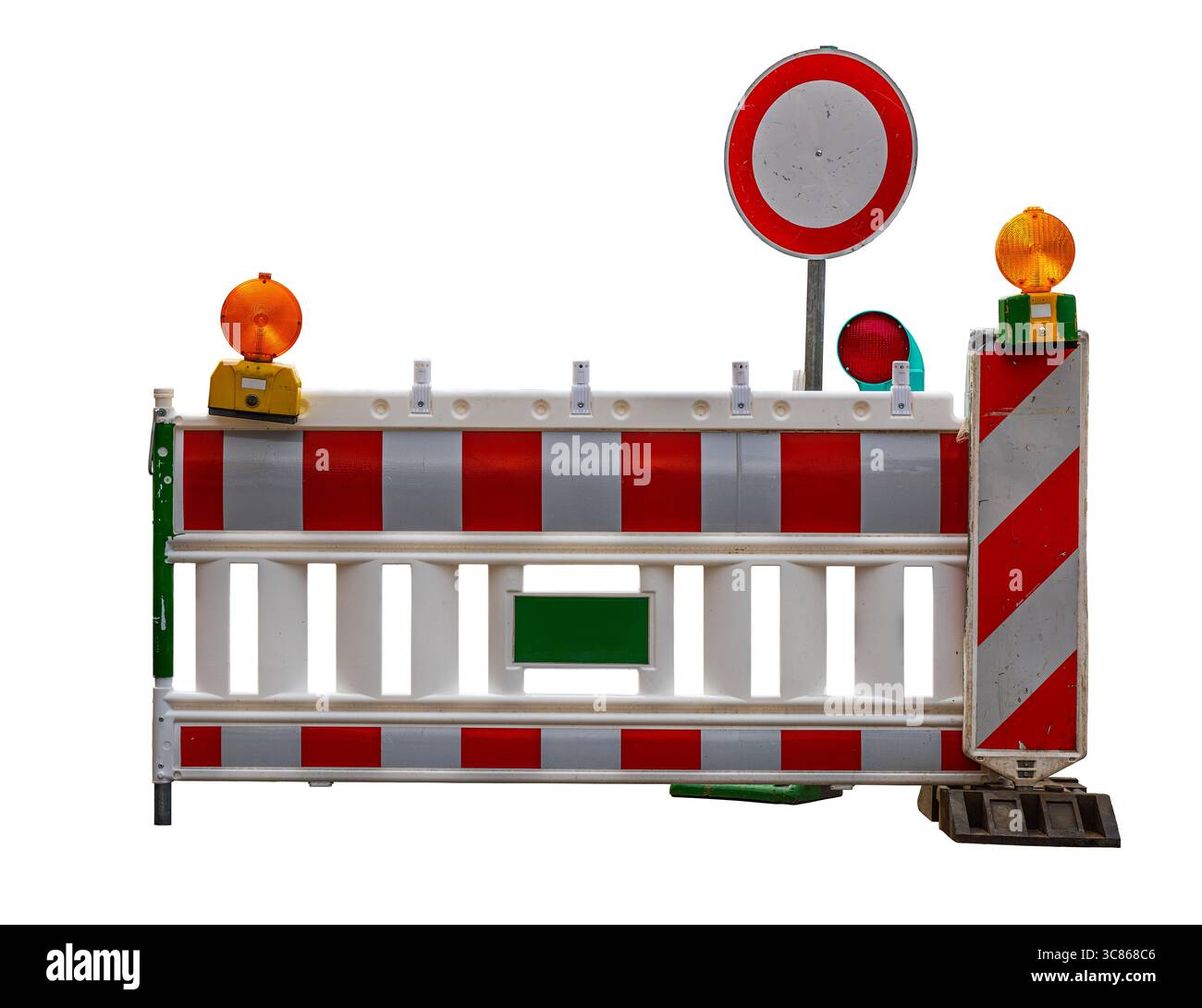 Red and white colored roadblock, isolated on white background Stock ...