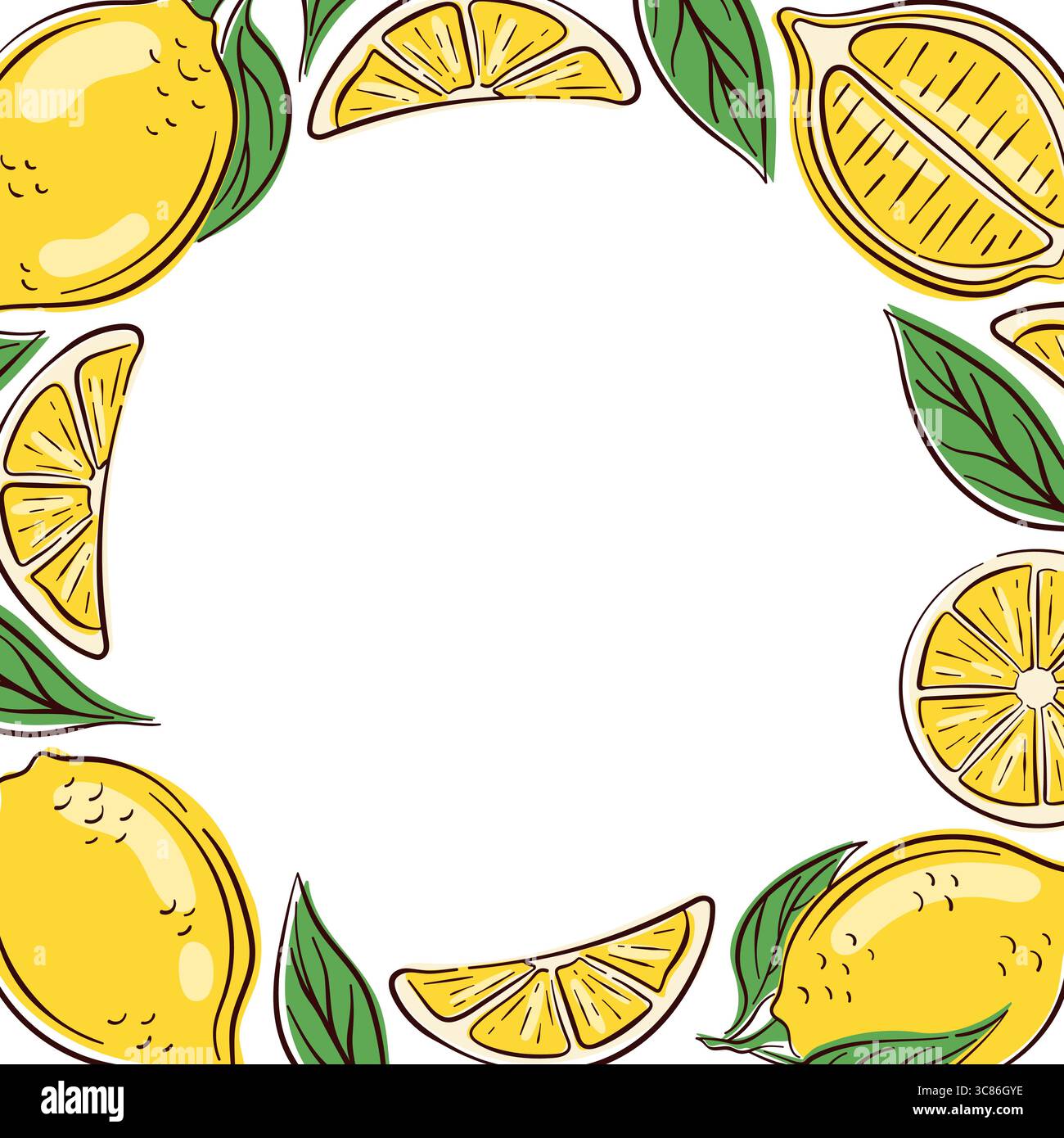Lemon fruit frame with whole lemon, slice, leaf on white background ...