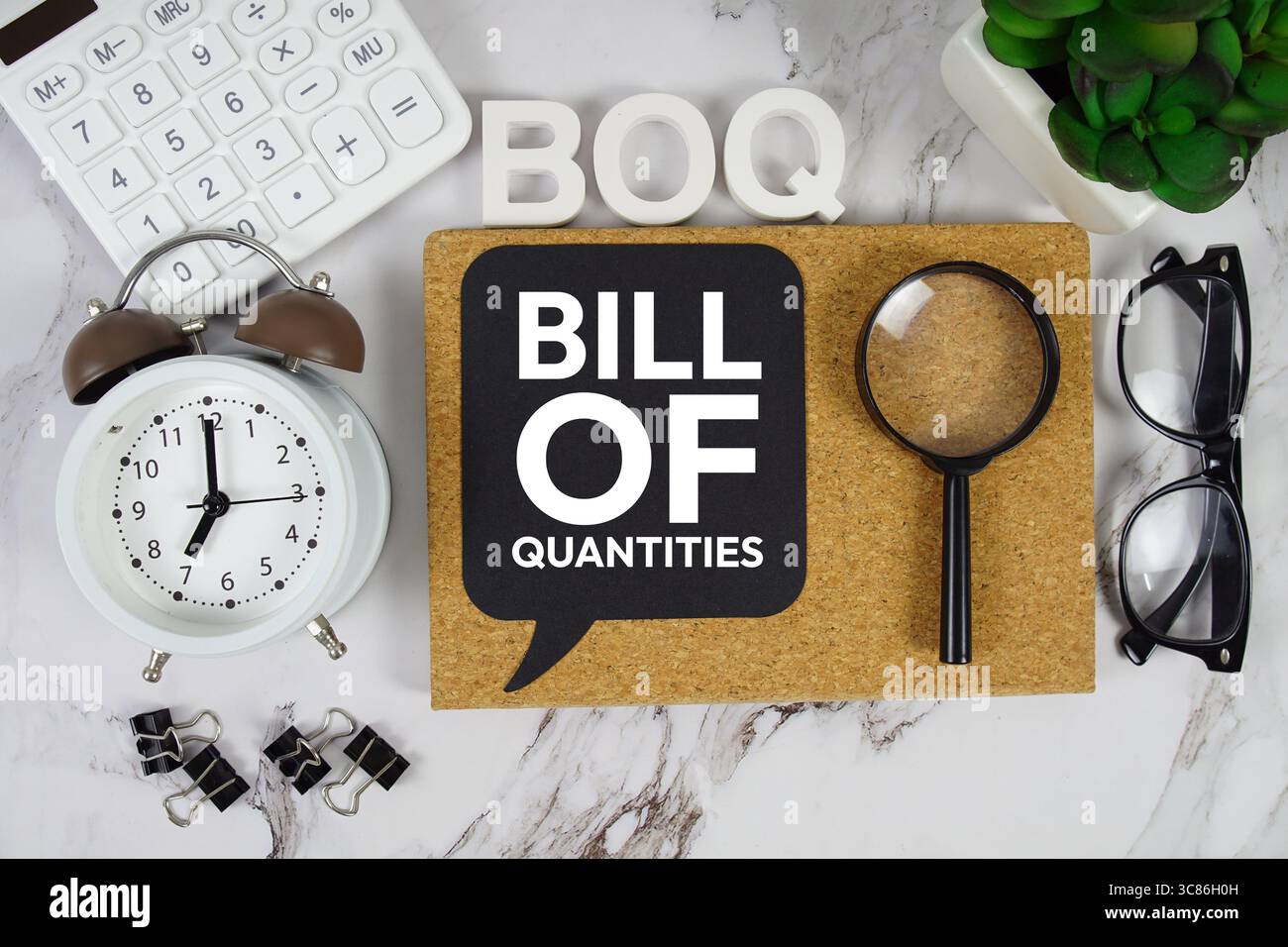 BOQ - Bill of Quantities acronym with calculator, alarm clock and ...