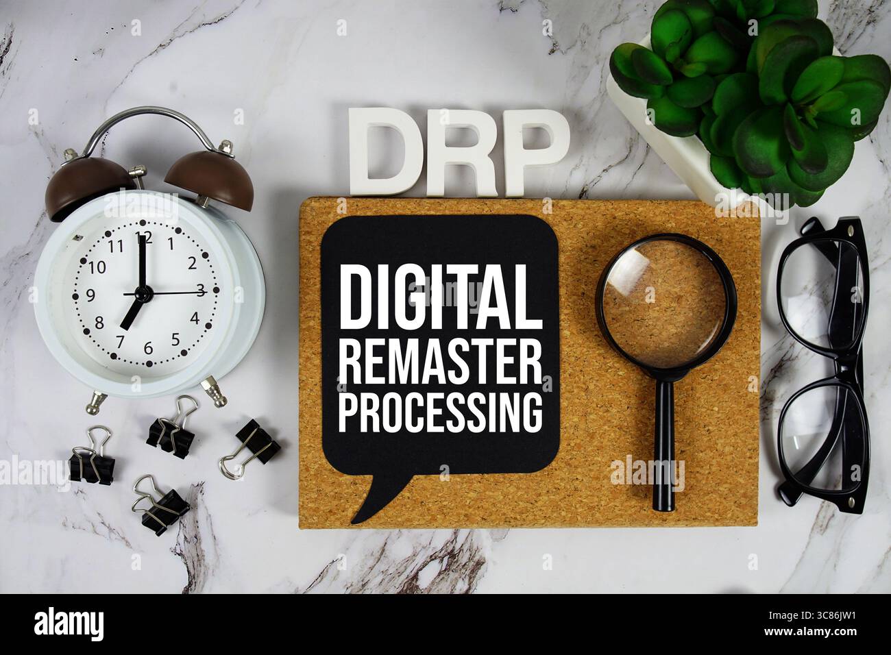 DRP - Digital Remaster Processing acronym with alarm clock and ...