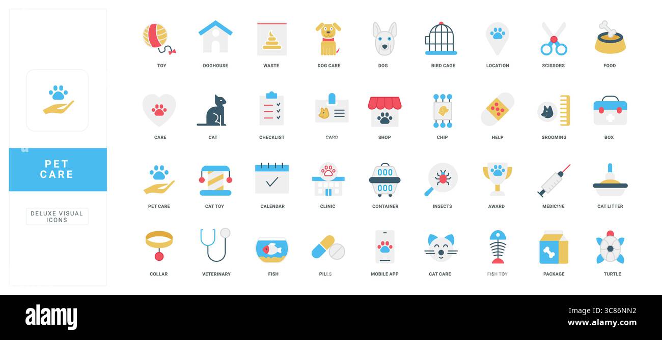 Comprehensive set of flat style pet care icons including animals ...