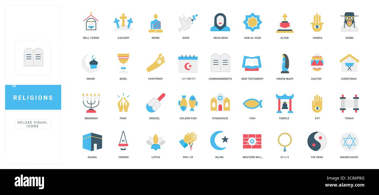 Diverse flat style religion icons featuring symbols, figures, and ...