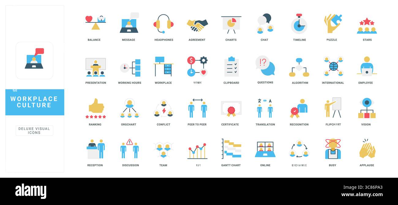 Flat style workplace culture icons with labeled titles showing teamwork ...