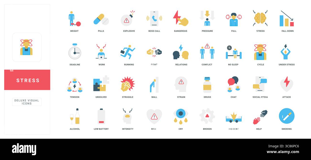 Collection of flat style icons visualizing stress, anxiety, pressure ...