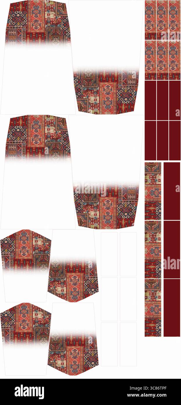 A complex carpet pattern with repeating motifs and rich colors creates ...