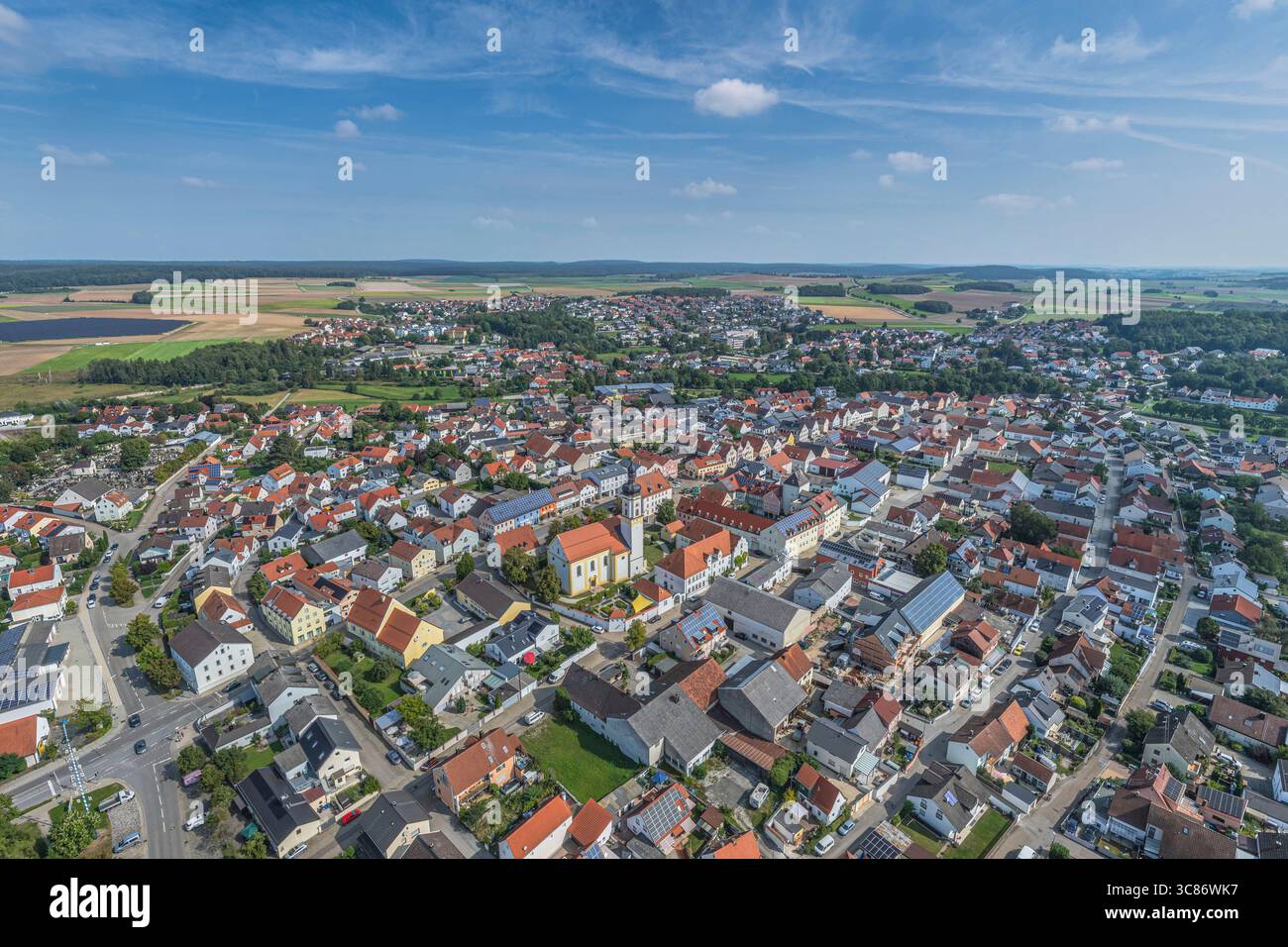 Aerial view of the market town of Kösching in northern Upper Bavaria in ...
