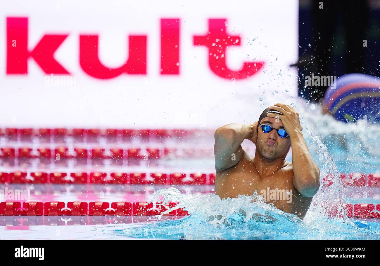 Singapore. 3rd Aug, 2025. Thomas Ceccon of Team Italy is seen before the men's 4X100m medley ...