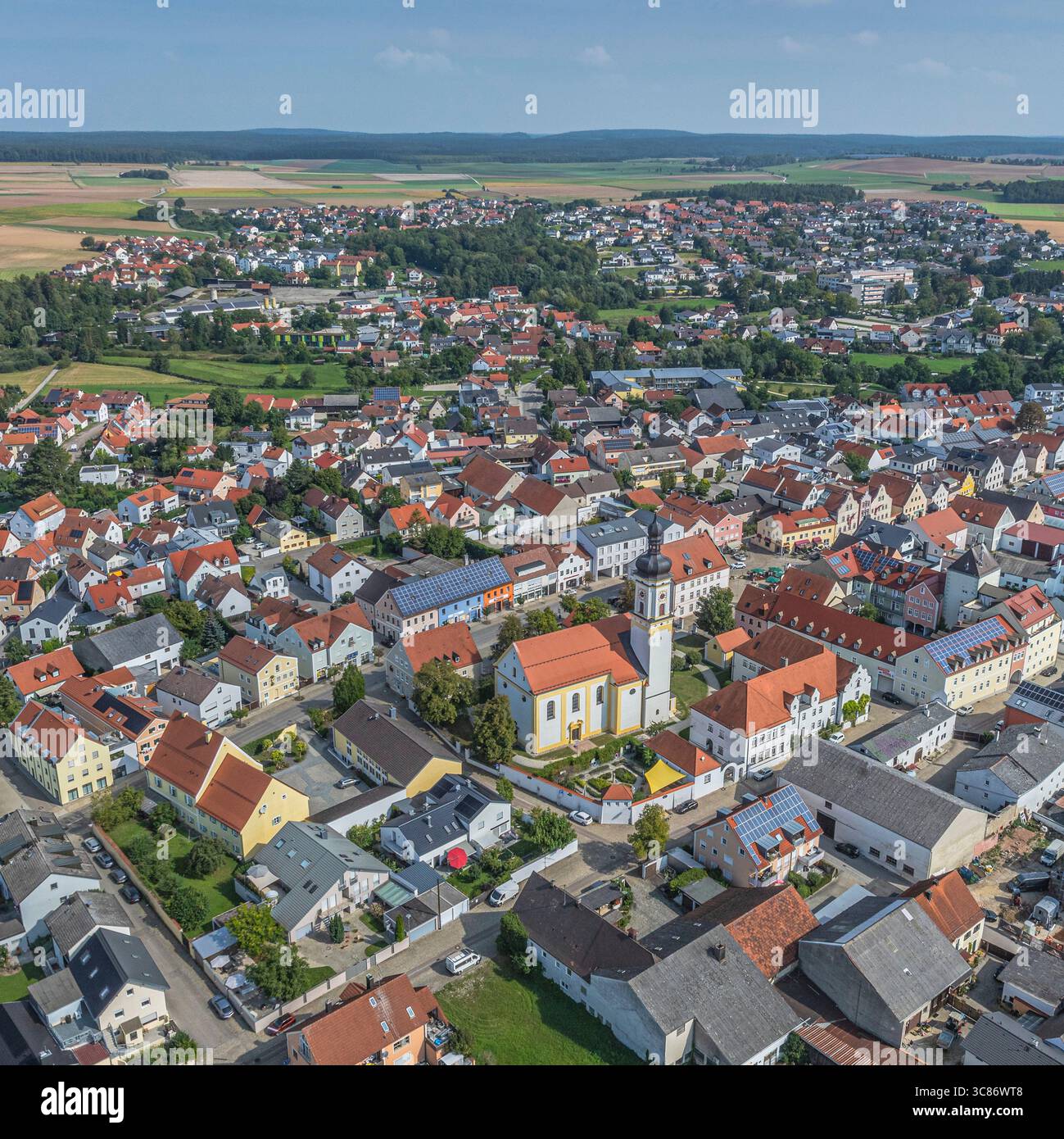 Aerial view of the market town of Kösching in northern Upper Bavaria in ...