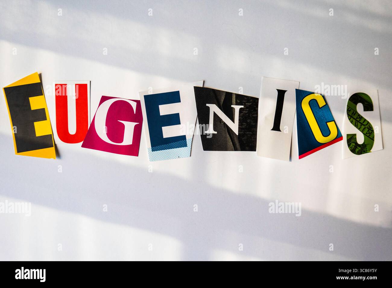 The word "Eugenics" using cut-out paper letters in the ransom note ...