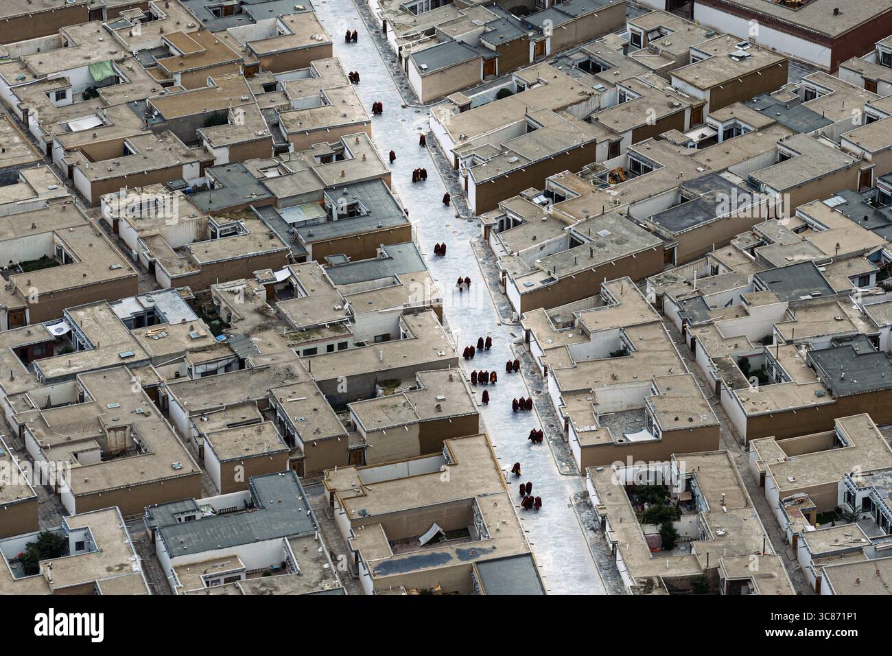 Aerial view of the Labrang Monastery nestled within the town, a ...