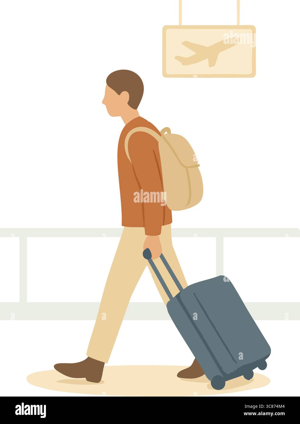A flat vector illustration of a traveler pulling a rolling suitcase ...