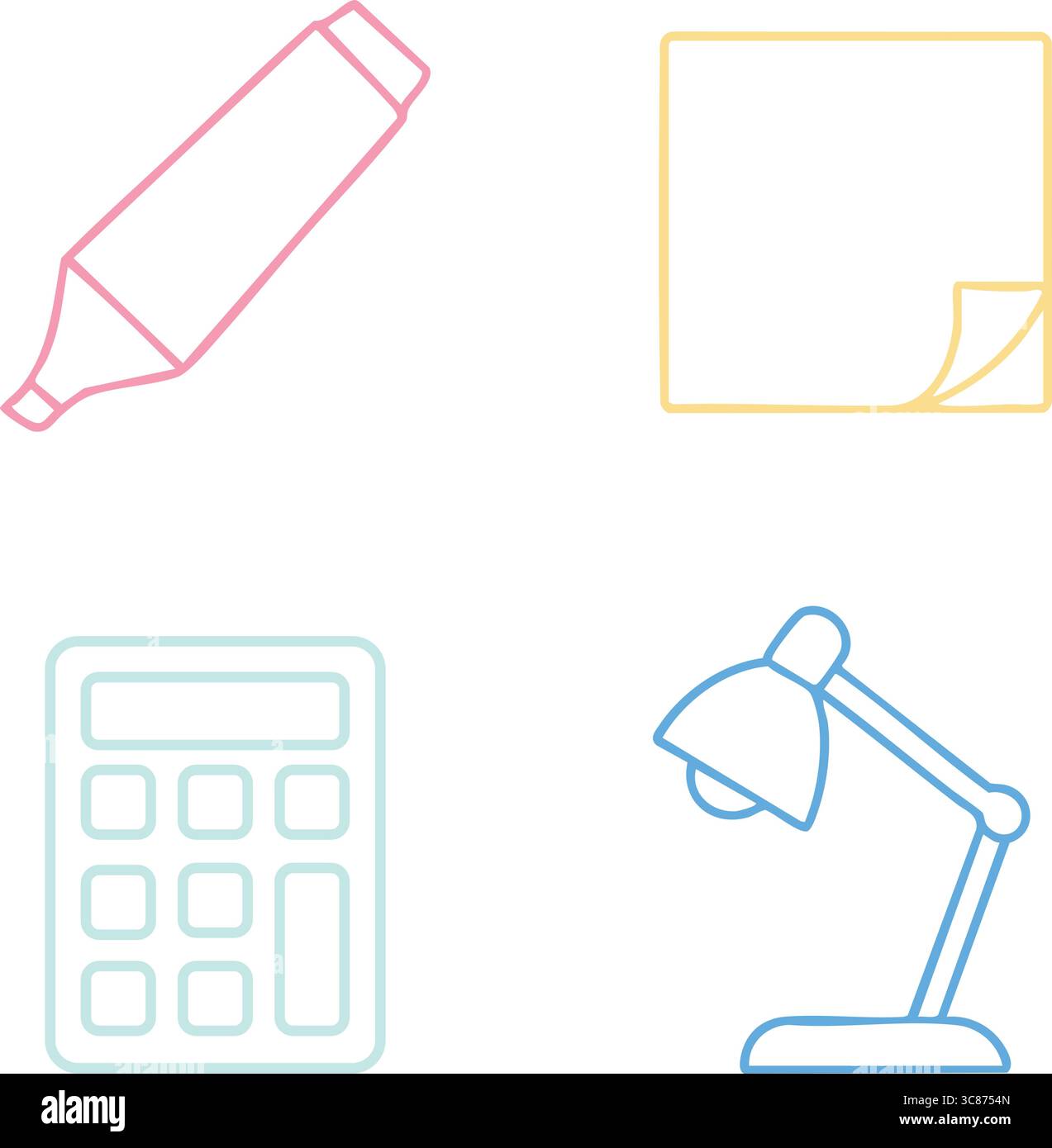 A soft pastel sketch style icon set showing a marker highlighter, a ...