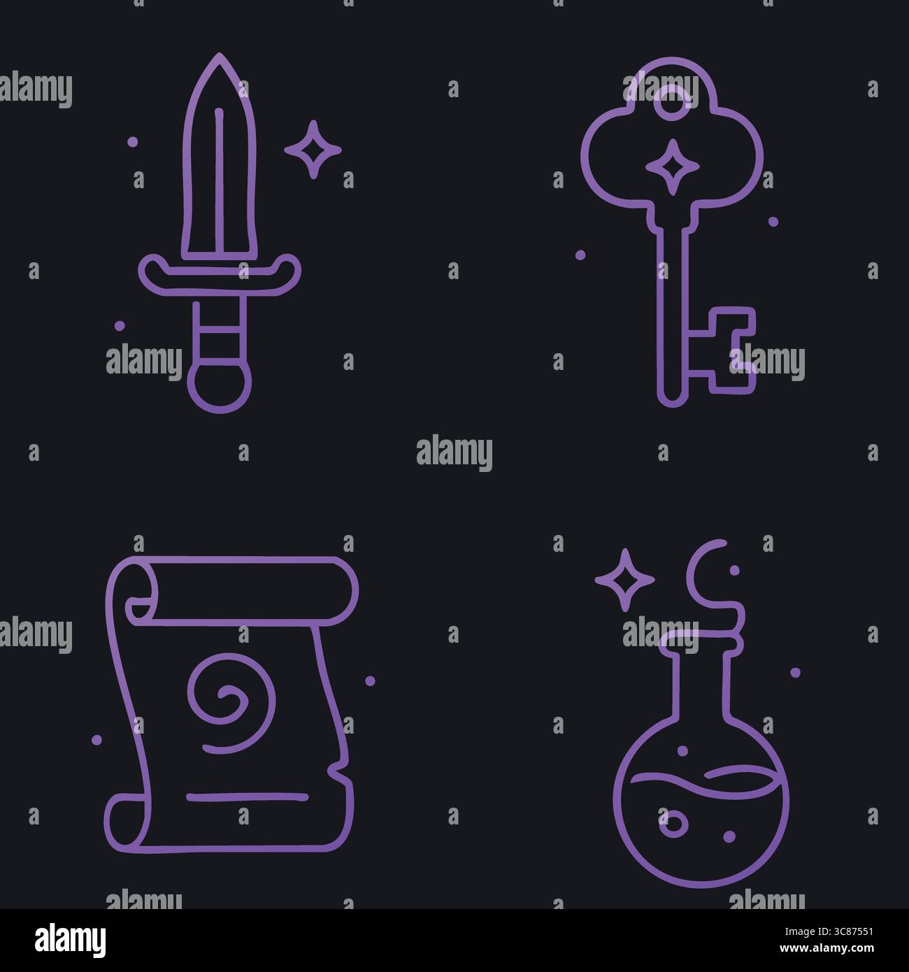 A purple neon-style vector grid illustrating a battle sword, an ornate ...