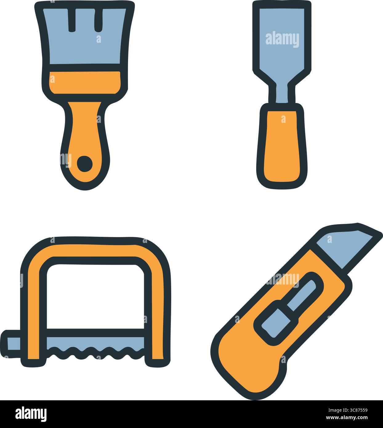 A flat cartoon tool collection featuring a paint brush, a putty knife ...